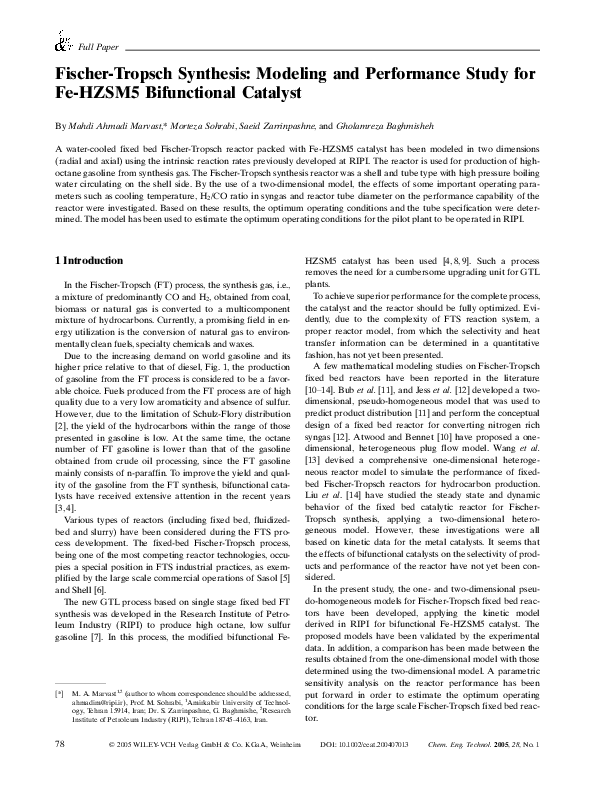 (PDF) Fischer-Tropsch Synthesis: Modeling and Performance Study for Fe-HZSM5 Bifunctional ...