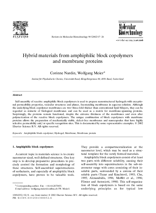 (PDF) Hybrid materials from amphiphilic block copolymers and membrane proteins | Corinne Nardin ...