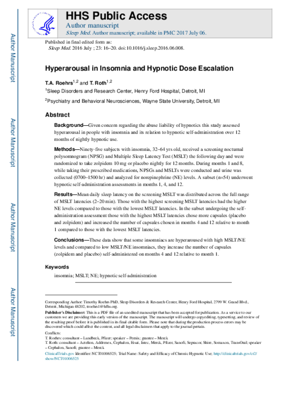 (PDF) Hyperarousal in insomnia and hypnotic dose escalation