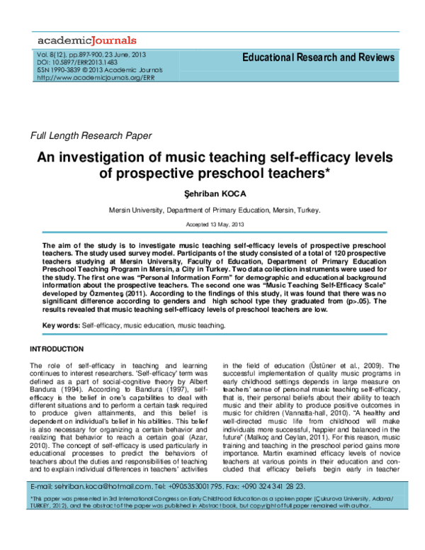 (PDF) An Investigation of Music Teaching Self-Efficacy Levels of ...