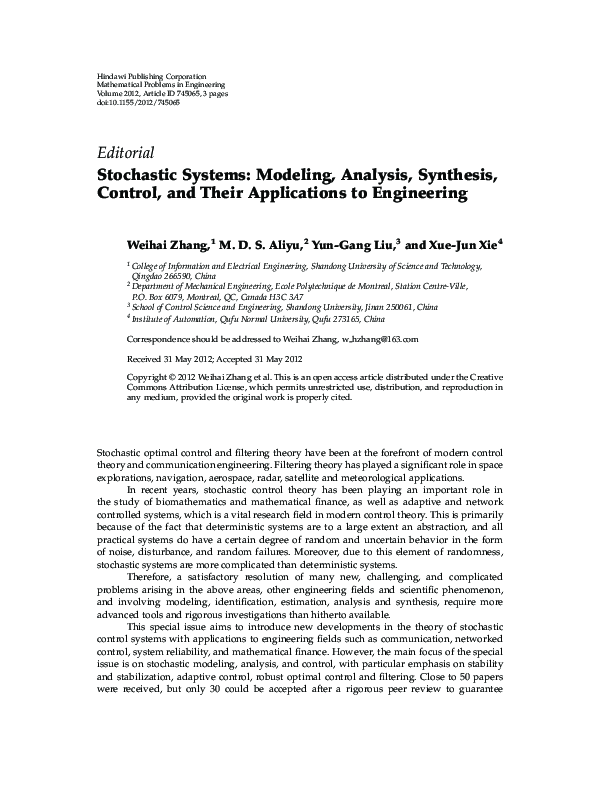 (PDF) Stochastic Systems: Modeling, Analysis, Synthesis, Control, and Their Applications to ...