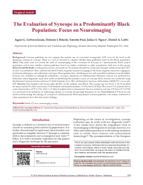 (PDF) The evaluation of syncope in a predominantly black population ...
