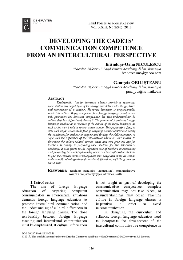 (PDF) Developing the Cadets’ Communication Competence from an Intercultural Perspective