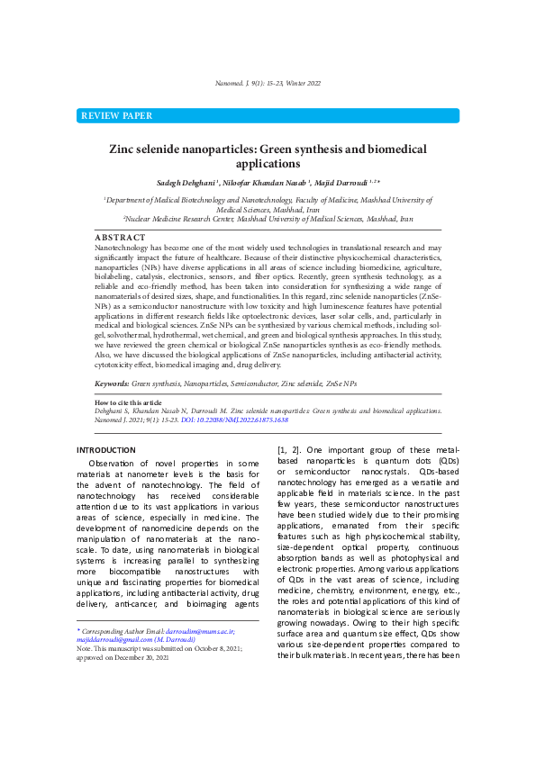(PDF) Zinc selenide nanoparticles: Green synthesis and biomedical ...