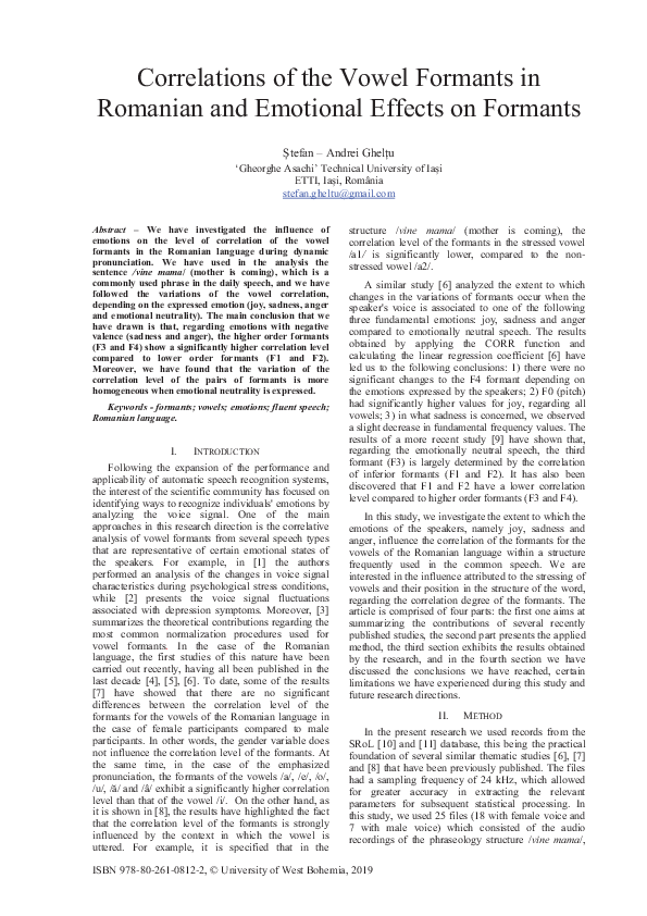 (PDF) Correlations of the Vowel Formants in Romanian and Emotional Effects on Formants