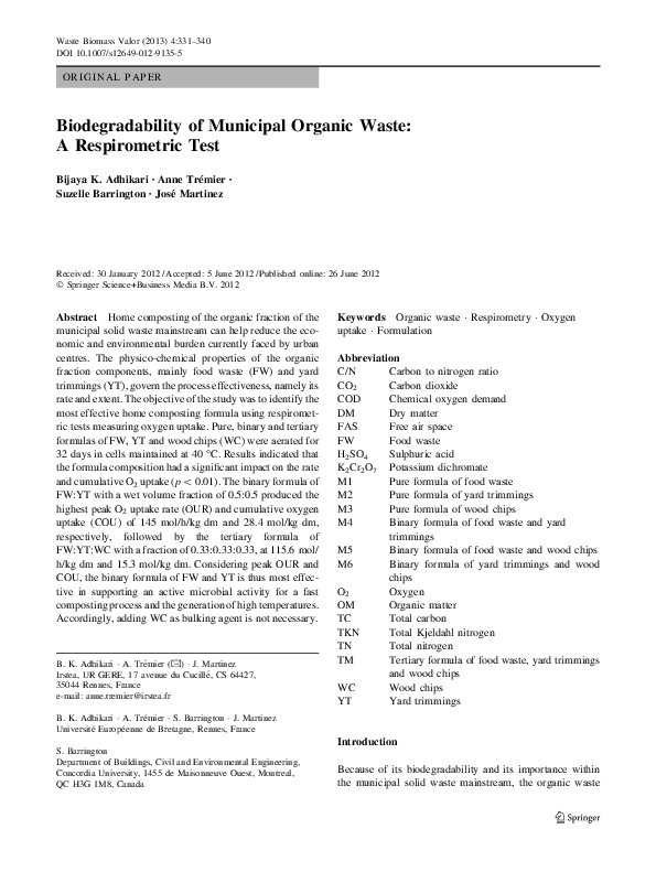 (PDF) Biodegradability of Municipal Organic Waste: A Respirometric Test