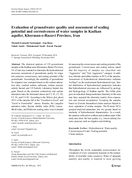 (PDF) Evaluation of groundwater quality and assessment of scaling potential and corrosiveness of ...