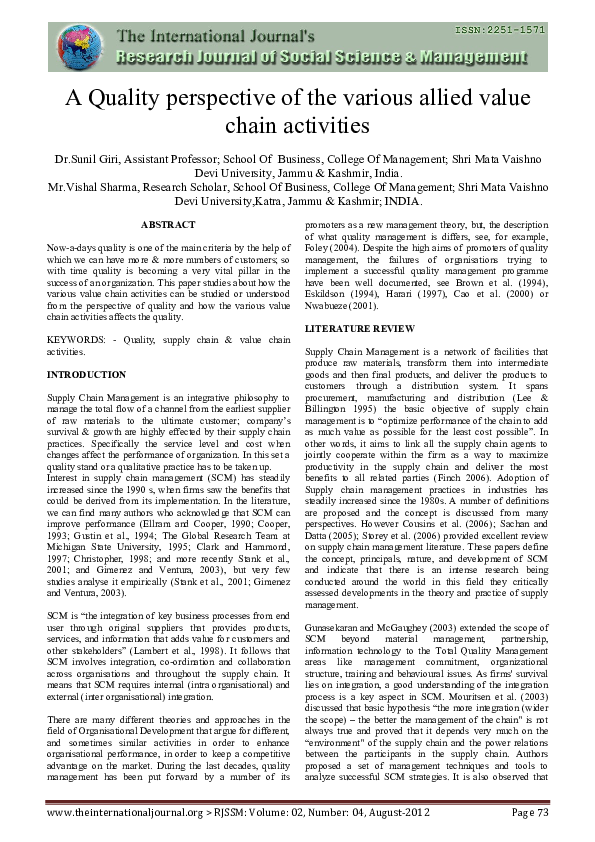 (PDF) A Quality Perspective of the Various Allied Value Chain Activities