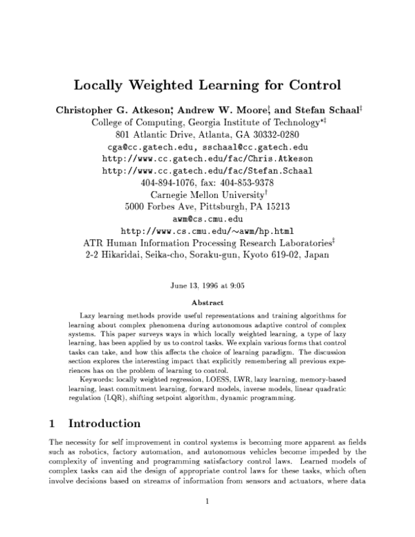 Pdf Locally Weighted Learning For Control