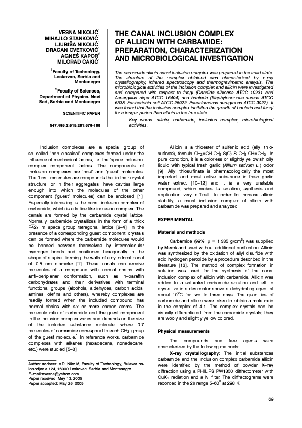 (PDF) The canal inclusion complex of allicin with carbamide ...