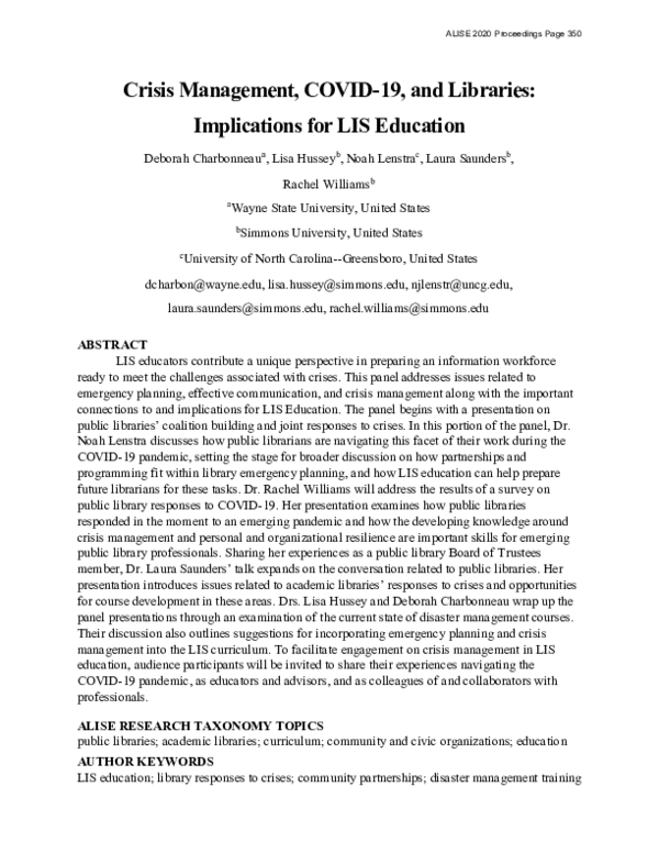 (PDF) Crisis Management, COVID-19, and Libraries: Implications for LIS ...