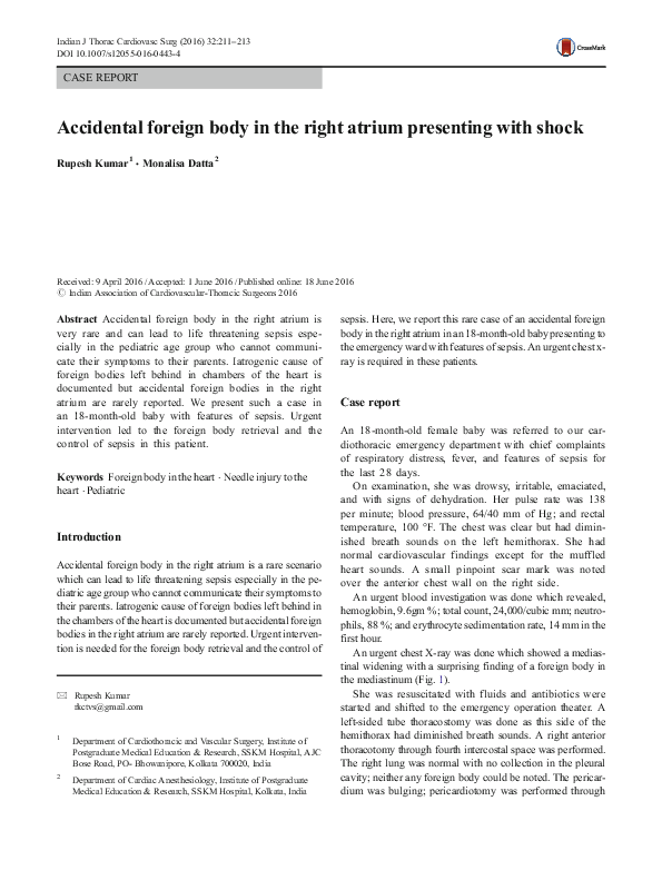 (PDF) Accidental foreign body in the right atrium presenting with shock