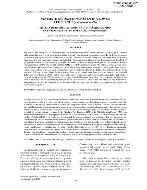 (PDF) NESTMATE RECOGNITION SYSTEM IN A LOWER ATTINI ANT: Mycocepurus ...