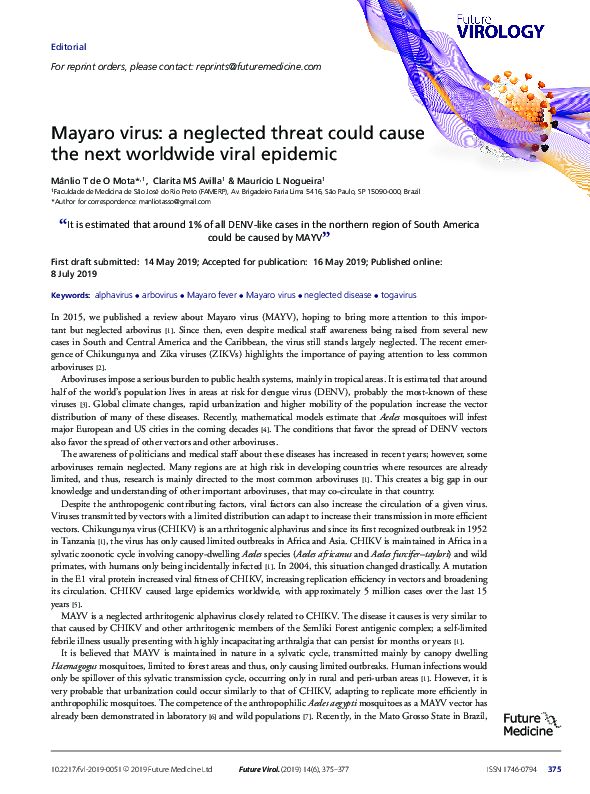 (PDF) Mayaro virus; a neglected threat could cause the next worldwide ...