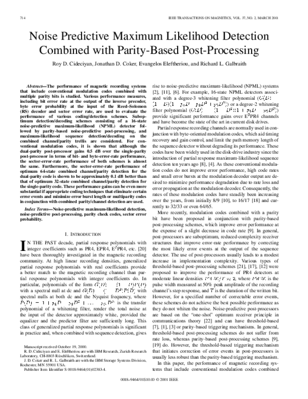 Pdf Noise Predictive Maximum Likelihood Detection Combined With Parity Based Post Processing 6241