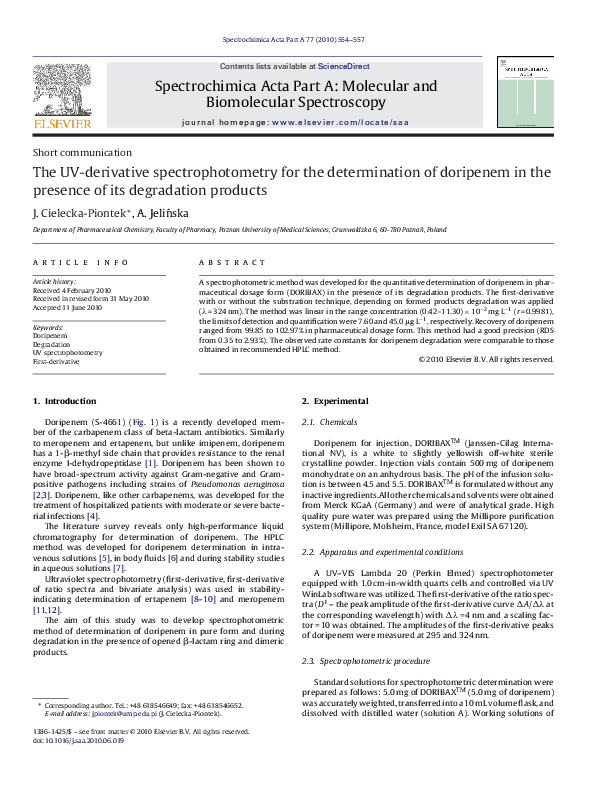 Pdf The Uv Derivative Spectrophotometry For The Determination Of Doripenem In The Presence Of