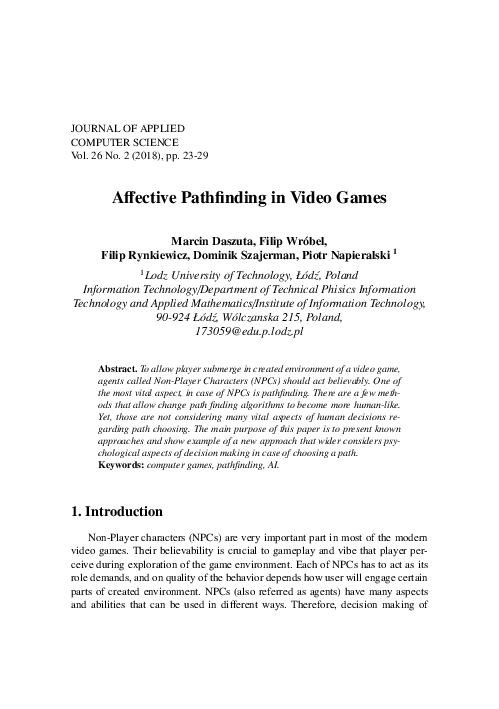 (PDF) Affective Pathfinding in Video Games