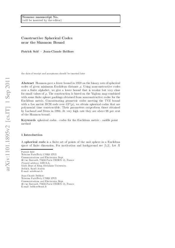 Pdf Constructive Spherical Codes Near The Shannon Bound Patrick Sole