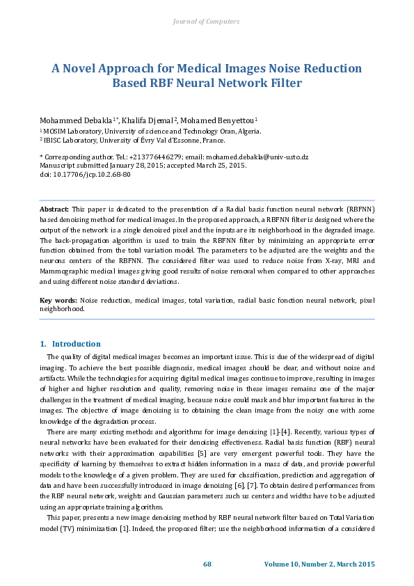 (PDF) A Novel Approach for Medical Images Noise Reduction Based RBF Neural Network Filter ...