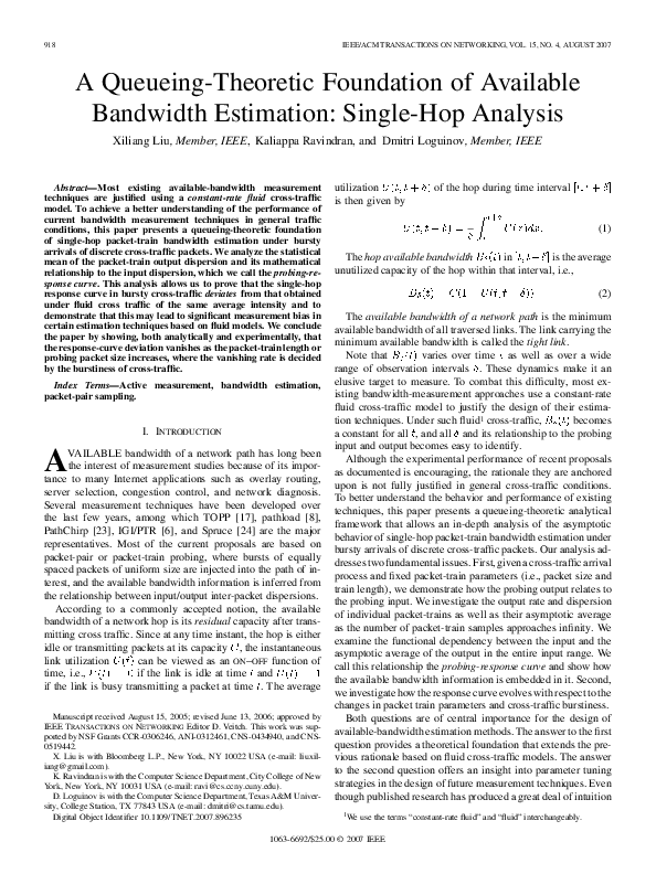 (PDF) A Queueing-Theoretic Foundation of Available Bandwidth Estimation: Single-Hop Analysis