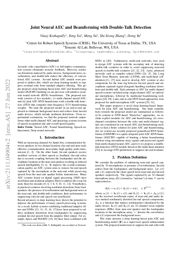 (PDF) Joint Neural AEC and Beamforming with Double-Talk Detection