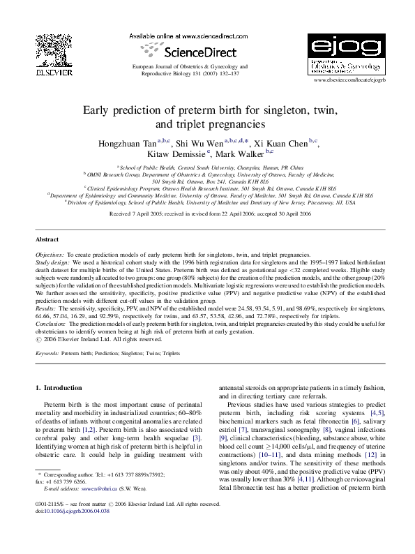 (PDF) Early prediction of preterm birth for singleton, twin, and triplet pregnancies | Mark ...