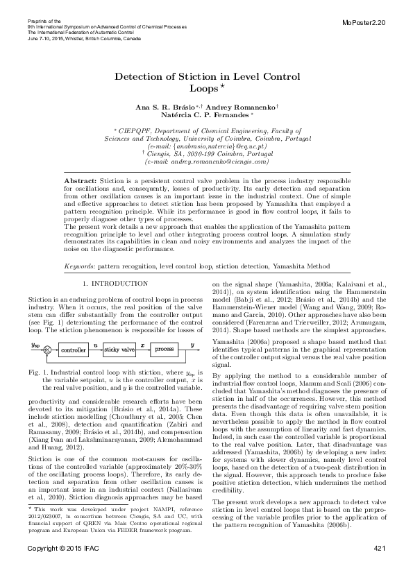 (PDF) Detection of Stiction in Level Control Loops∗∗This work was developed under project NAMPI ...
