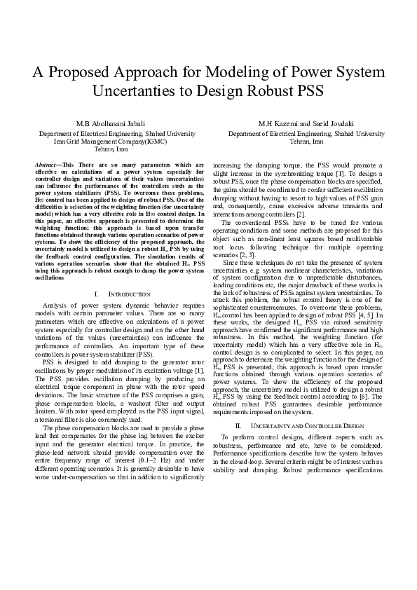 (PDF) A proposed approach for modeling of power system uncertanties to design robust PSS