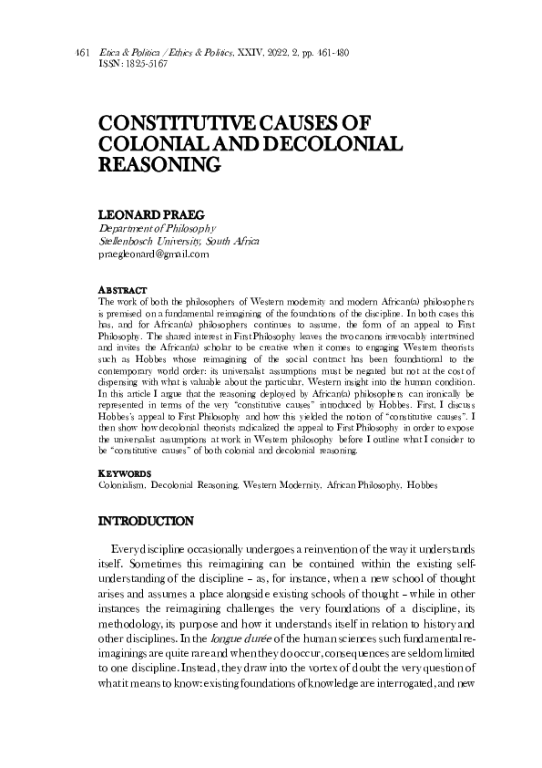(PDF) CONSTITUTIVE CAUSES OF COLONIAL AND DECOLONIAL REASONING