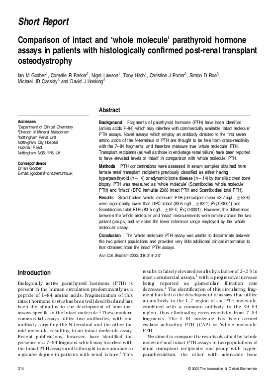 (PDF) Comparison of intact and 'whole molecule' parathyroid hormone ...