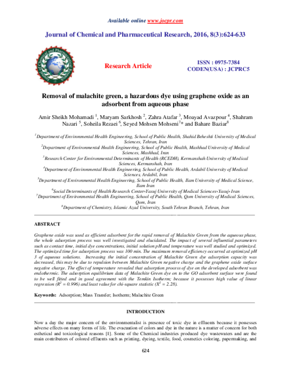 (PDF) Removal of malachite green, a hazardous dye using graphene oxide as an adsorbent from ...
