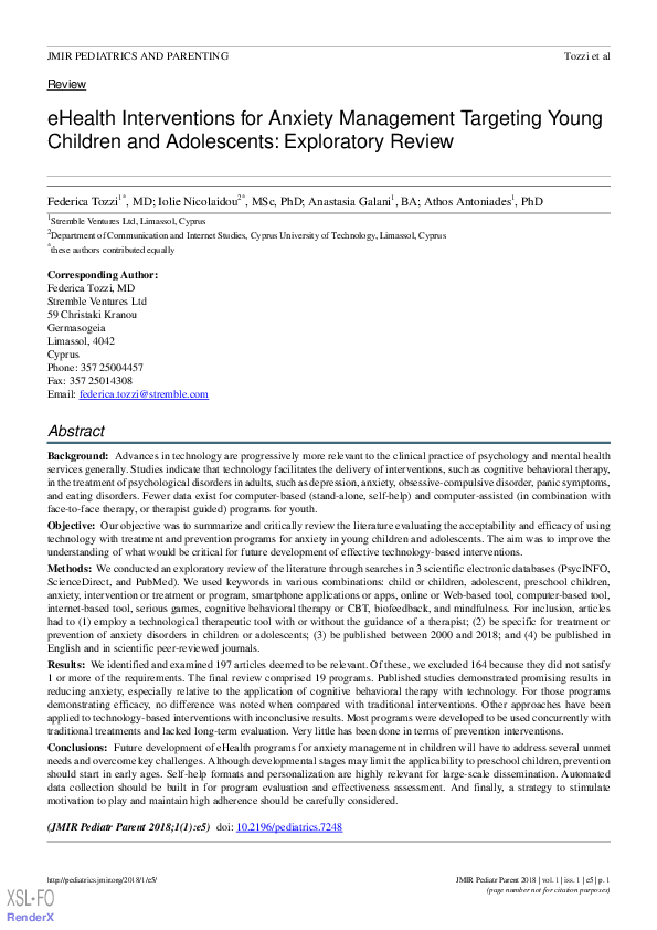 (PDF) eHealth Interventions for Anxiety Management Targeting Young Children and Adolescents ...