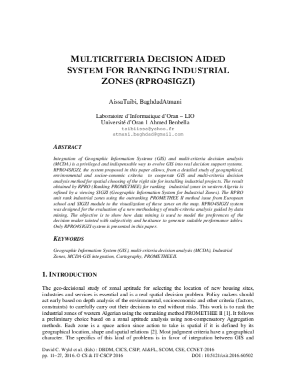 (PDF) Multicriteria Decision Aided System for Ranking Industrial Zones (RPRO4SIGZI)
