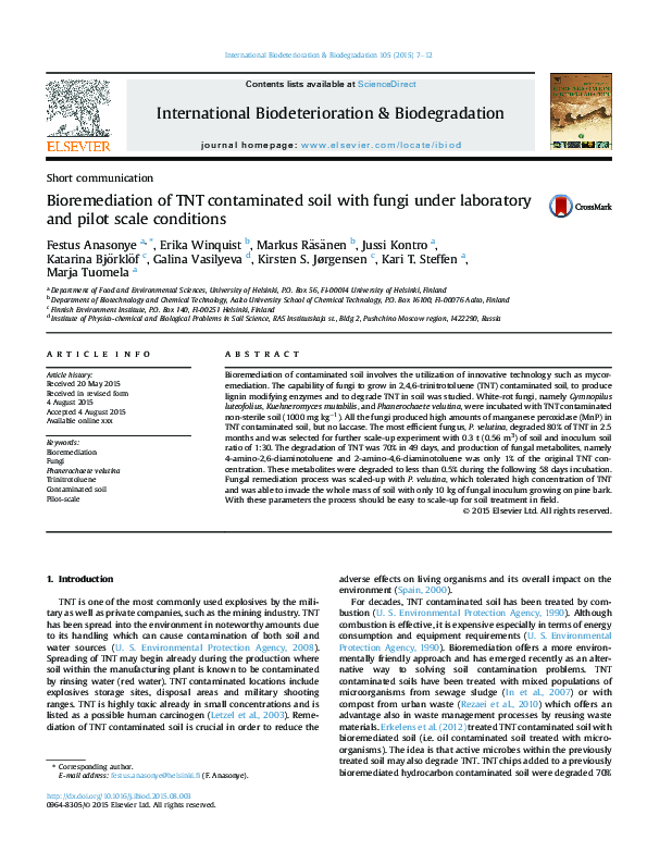 (PDF) Bioremediation of TNT contaminated soil with fungi under laboratory and pilot scale conditions