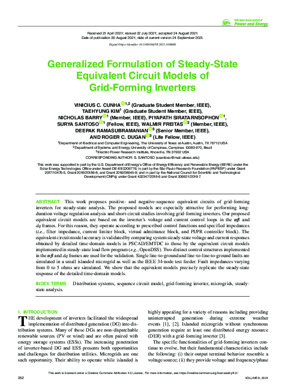 (PDF) Generalized Formulation of Steady-State Equivalent Circuit Models of Grid-Forming Inverters