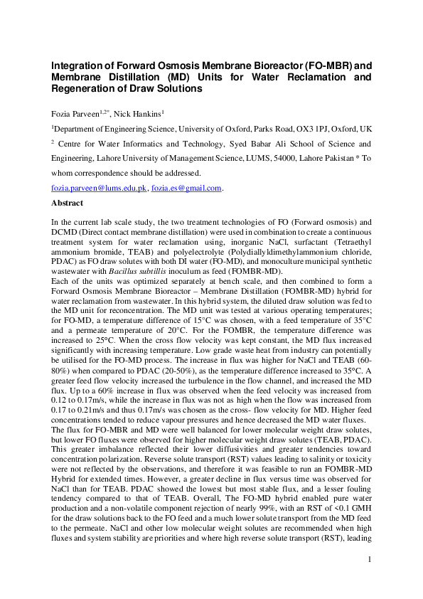 (PDF) Integration of Forward Osmosis Membrane Bioreactor (FO-MBR) and Membrane Distillation (MD ...