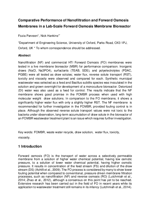 (PDF) Comparative performance of nanofiltration and forward osmosis ...