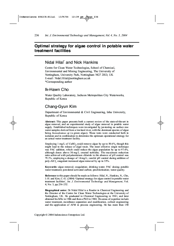 (PDF) Optimal strategy for algae control in potable water treatment facilities