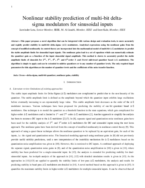 (PDF) Nonlinear Stability Prediction of Multibit Delta–Sigma Modulators for Sinusoidal Inputs
