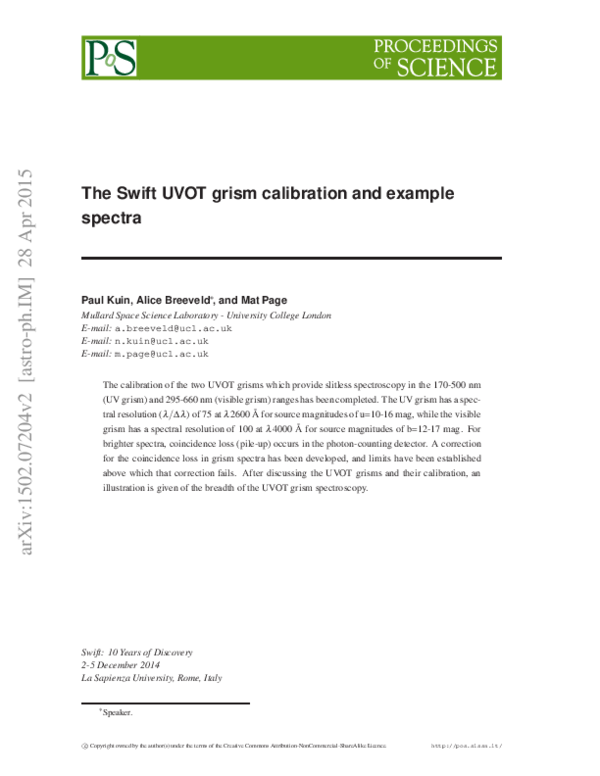 (PDF) The Swift UVOT grism calibration and example spectra