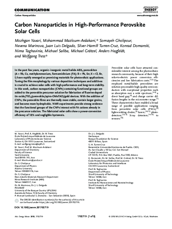 (PDF) Carbon Nanoparticles in High‐Performance Perovskite Solar Cells