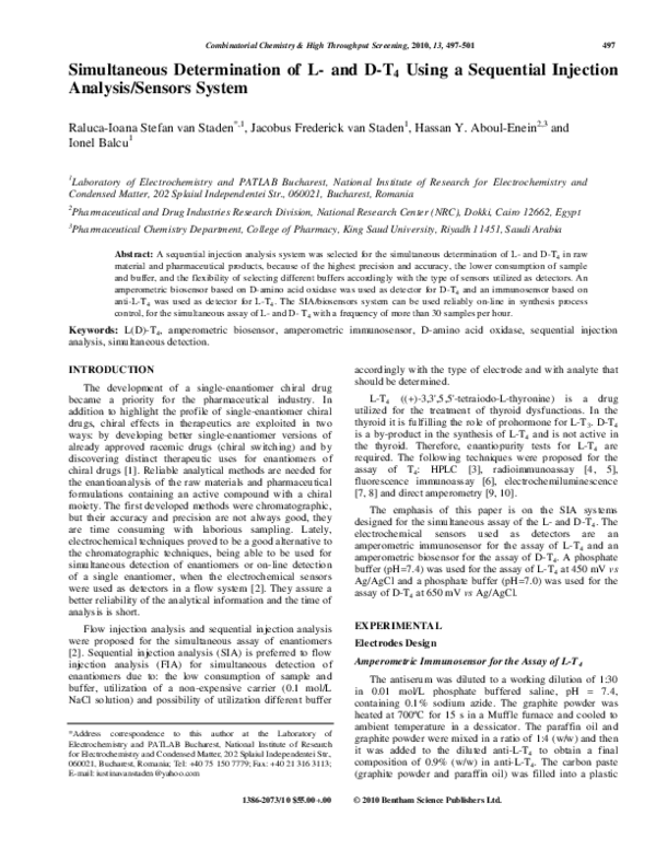 Pdf Simultaneous Determination Of L And D T4 Using A Sequential Injection Analysis Sensors System