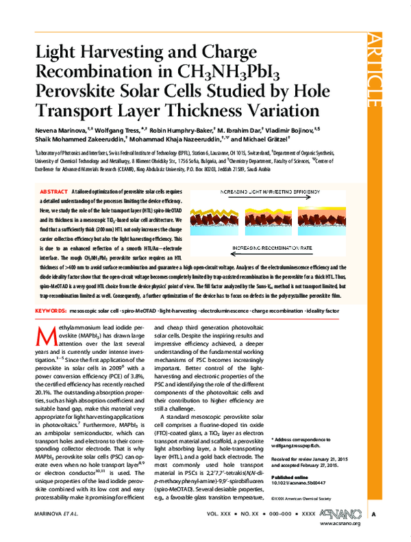 (PDF) Light Harvesting and Charge Recombination in CH3NH3PbI3 Perovskite Solar Cells Studied by ...