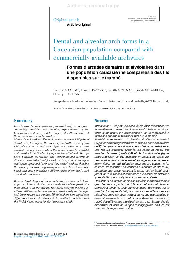 (PDF) Dental and alveolar arch forms in a Caucasian population compared ...