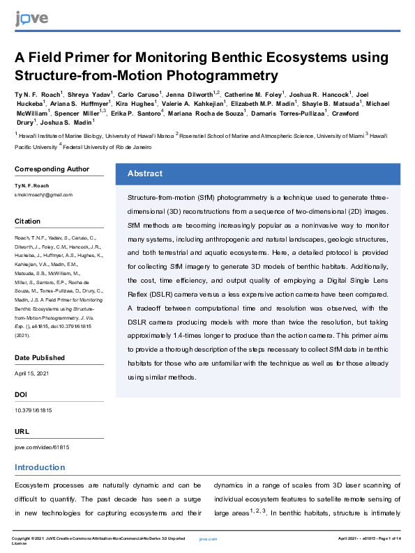 Pdf A Field Primer For Monitoring Benthic Ecosystems Using Structure From Motion