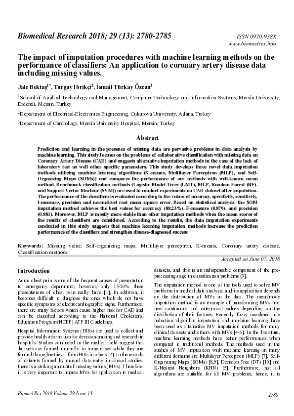 (PDF) The impact of imputation procedures with machine learning methods on the performance of ...