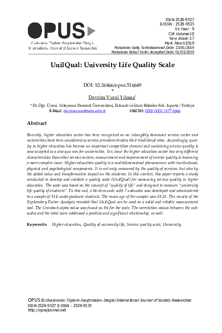 (PDF) UnilQual: Üniversite Yaşam Kalitesi Ölçeği | devrim vural ...