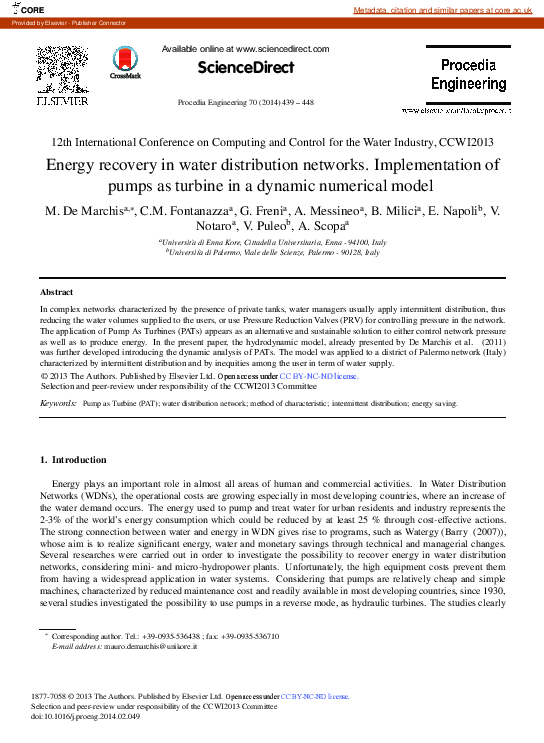 (PDF) Energy recovery in water distribution networks. Implementation of ...