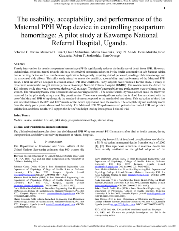 (PDF) The usability, acceptability, and performance of the Maternal PPH ...