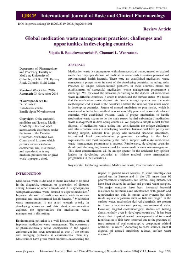 (PDF) Global medication waste management practices: challenges and opportunities in developing ...